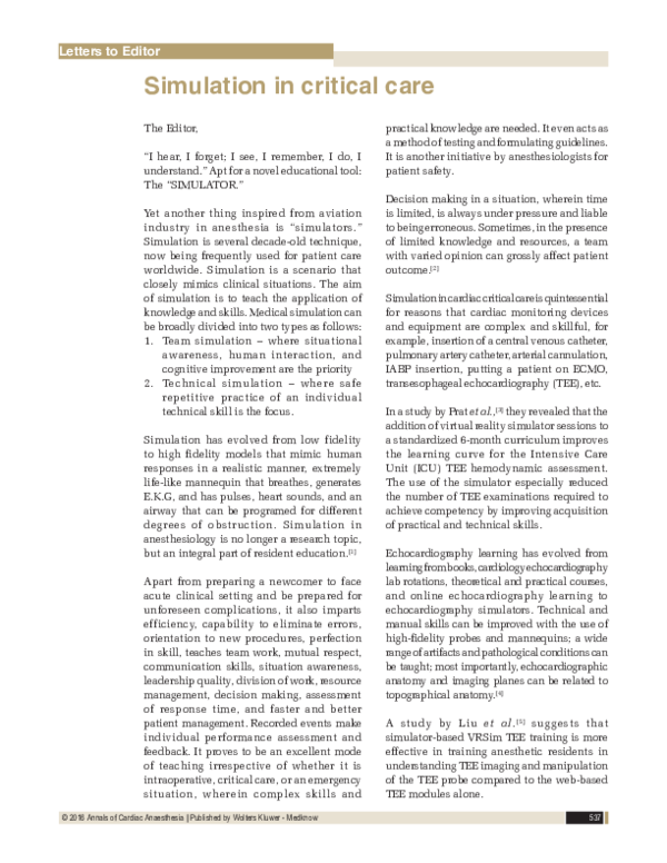 (PDF) Simulation in critical care