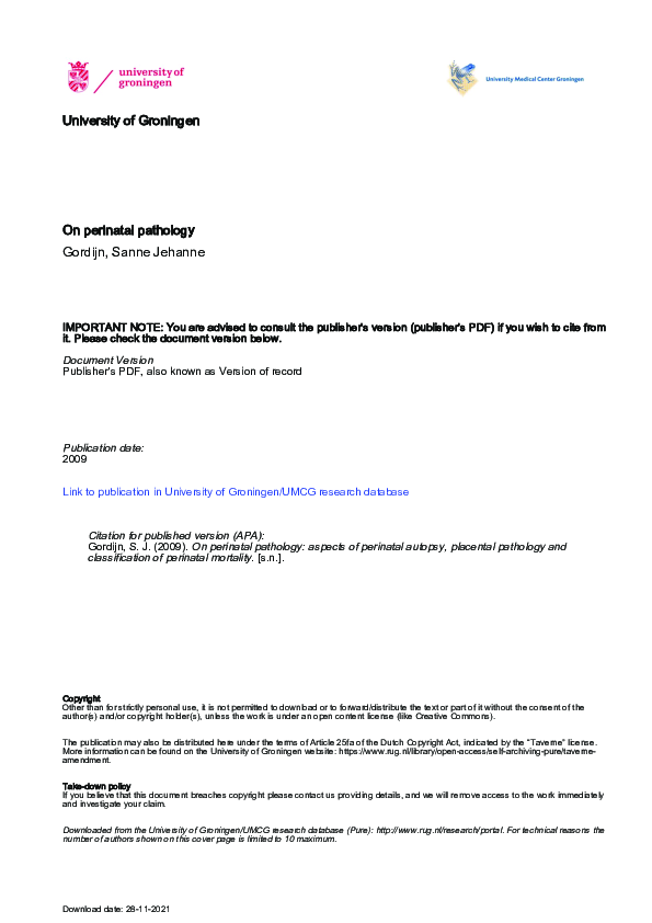(PDF) On perinatal pathology : aspects of perinatal autopsy, placental ...