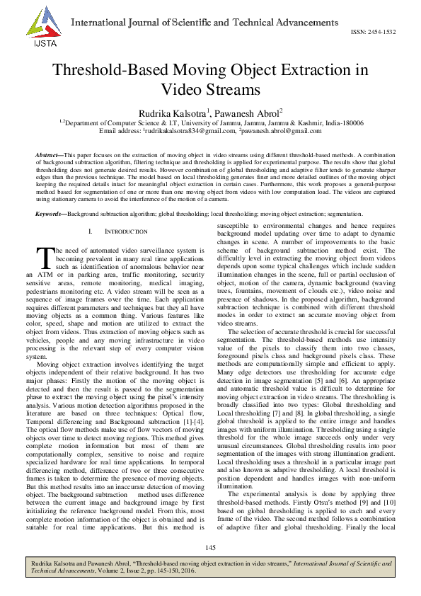(PDF) Threshold-Based Moving Object Extraction in Video Streams