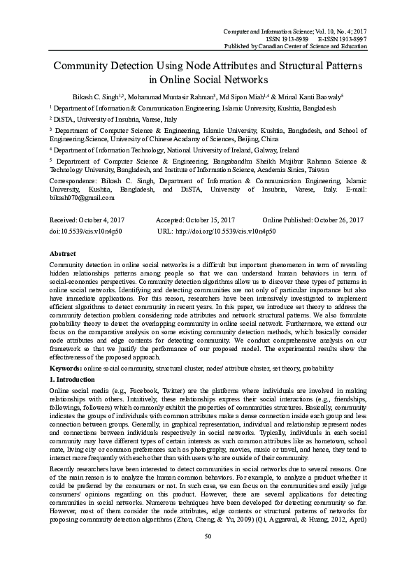 Pdf Community Detection Using Node Attributes And Structural Patterns In Online Social Networks