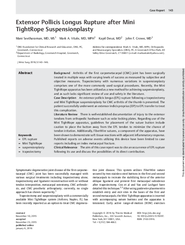 (PDF) Extensor Pollicis Longus Rupture after Mini TightRope ...