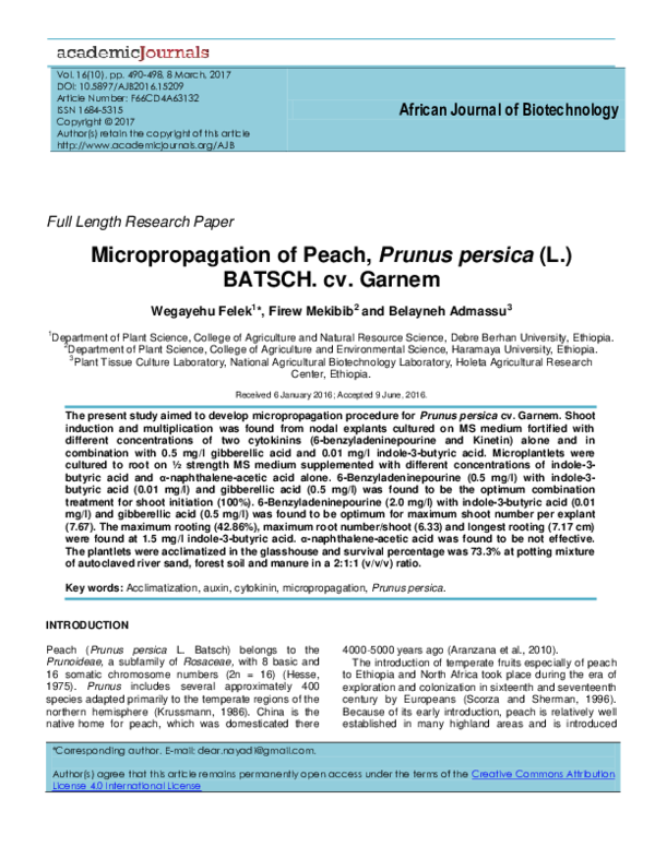 (PDF) Micropropagation of Peach, Prunus persica (L.) BATSCH. cv. Garnem