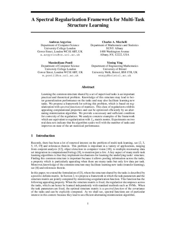 Pdf A Spectral Regularization Framework For Multi Task Structure Learning