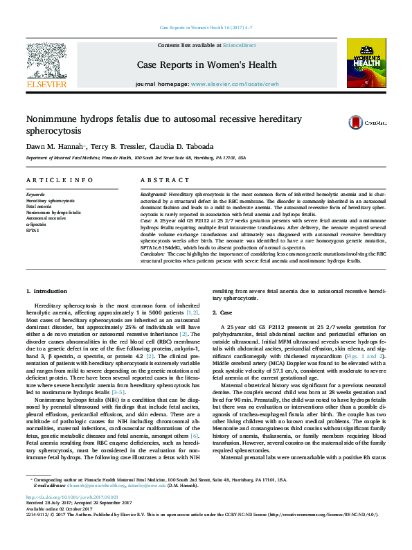 (PDF) Nonimmune hydrops fetalis due to autosomal recessive hereditary ...