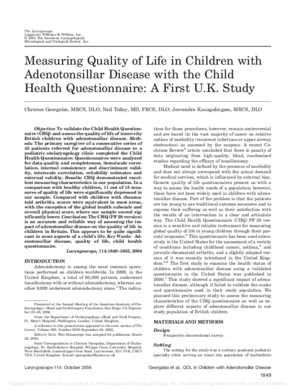 (PDF) Measuring Quality of Life in Children with Adenotonsillar Disease ...