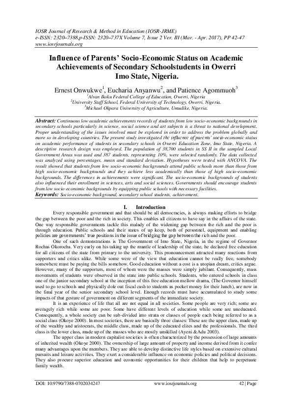 (PDF) Influence of Parents’ Socio-Economic Status on Academic Achievements of Secondary ...