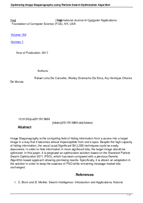 Pdf Optimizing Image Steganography Using Particle Swarm Optimization Algorithm