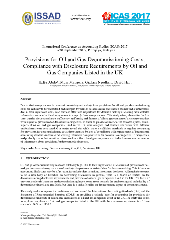 (PDF) Provisions for oil and gas decommissioning costs: compliance with ...
