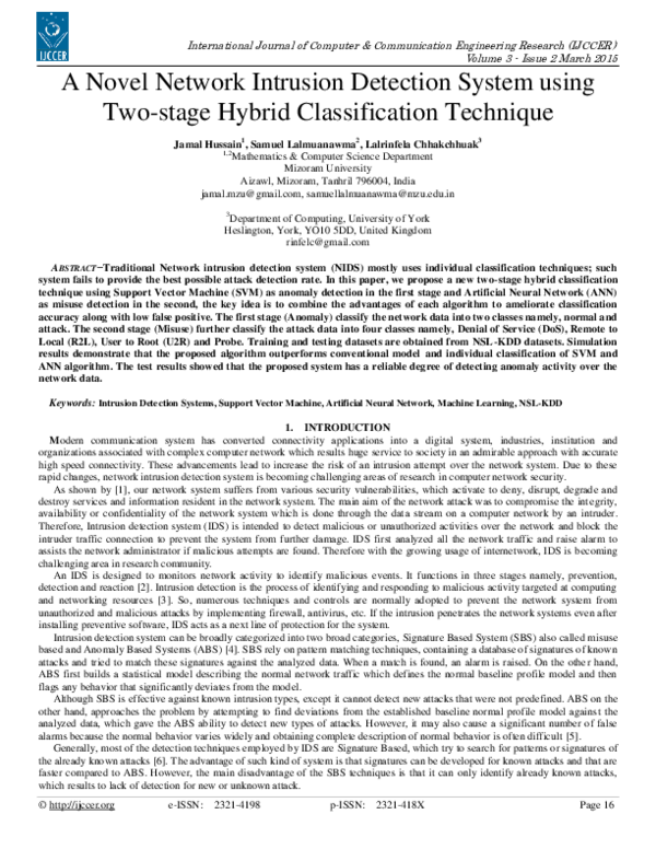 Pdf A Novel Network Intrusion Detection System Using Two Stage Hybrid Classification Technique