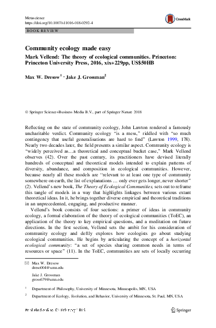 (PDF) Community ecology made easy Mark Vellend : The theory of ...