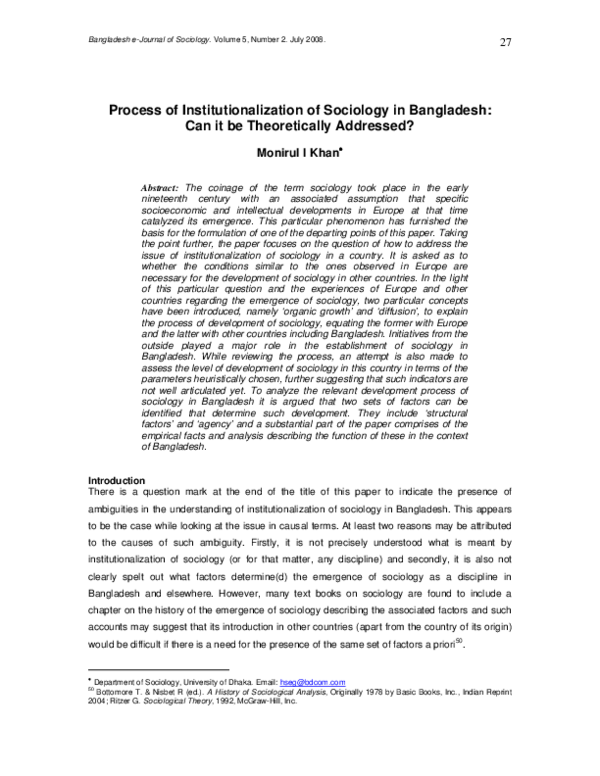 (PDF) Process of Institutionalization of Sociology in Bangladesh : Can ...