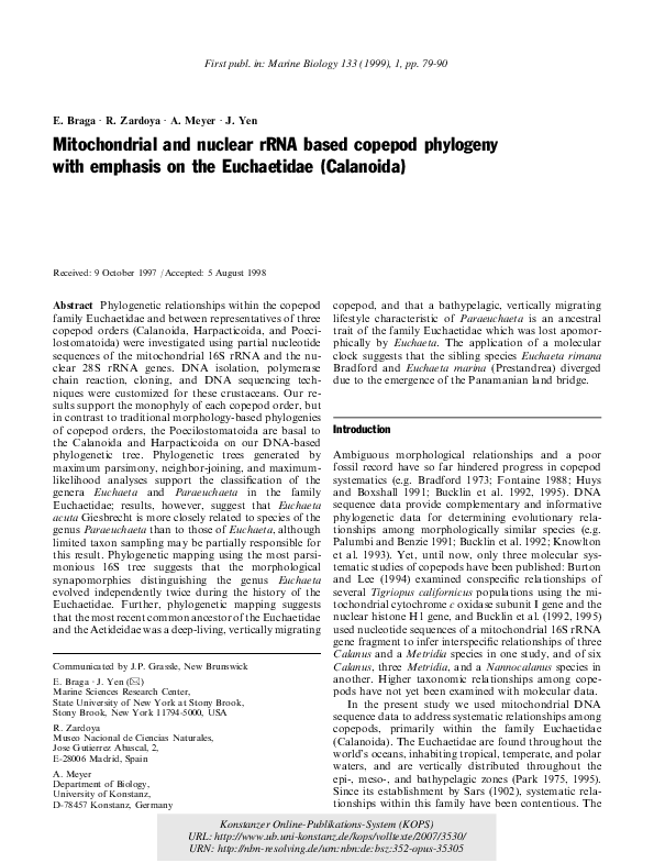 (PDF) Mitochondrial and nuclear rRNA based copepod phylogeny with ...