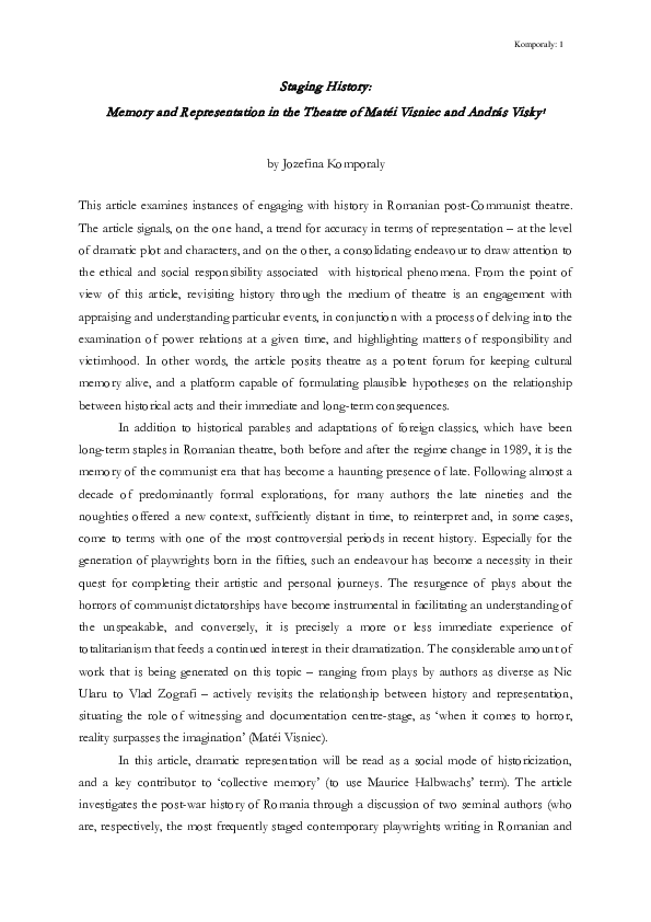 (PDF) Staging History: Memory and Representation in the Theatre of ...