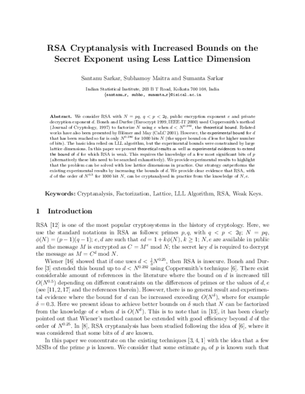 (PDF) RSA Cryptanalysis with Increased Bounds on the Secret Exponent using Less Lattice Dimension