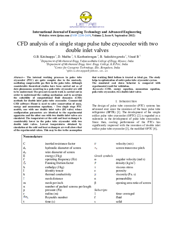 (PDF) CFD analysis of a single stage pulse tube cryocooler with two ...