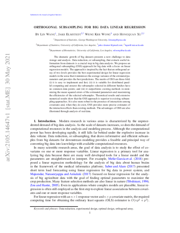 (PDF) Orthogonal subsampling for big data linear regression