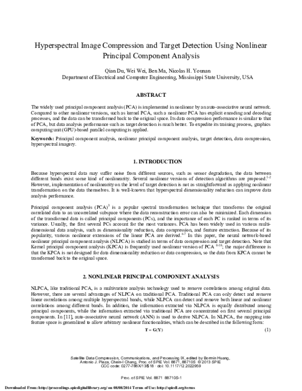 (PDF) Hyperspectral image compression and target detection using nonlinear principal component ...