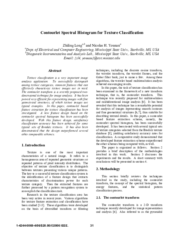 (PDF) Contourlet Spectral Histogram for Texture Classification | Nicolas Younan - Academia.edu