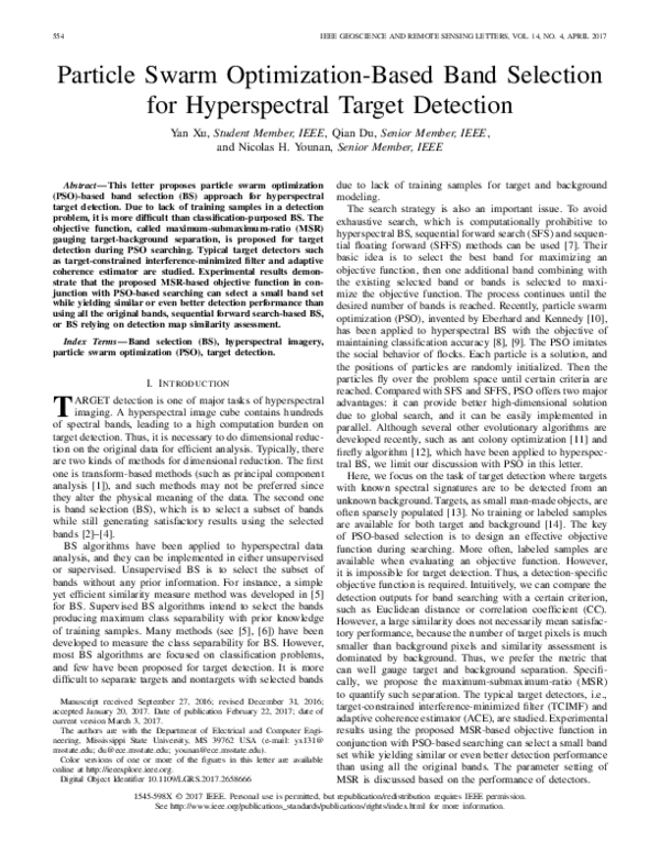 (PDF) Particle swarm optimization-based band selection for hyperspectral target detection