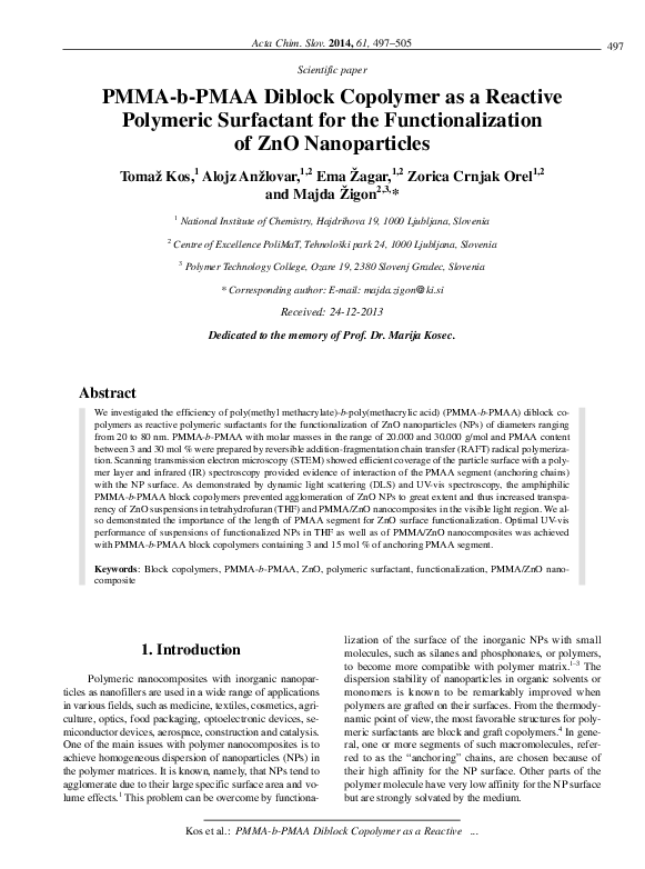 (PDF) PMMA-b-PMAA diblock copolymer as a reactive polymeric surfactant ...