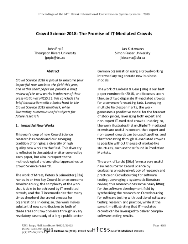 (PDF) Introduction to the Minitrack on Crowd Science
