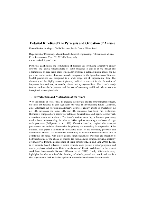 (PDF) Detailed kinetics of the pyrolysis and oxidation of anisole ...