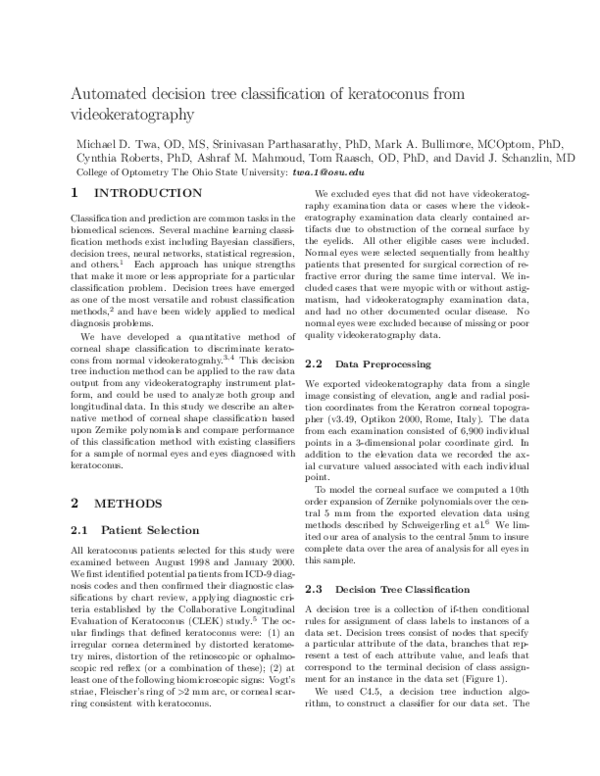 (PDF) Automated decision tree classification of keratoconus from videokeratography
