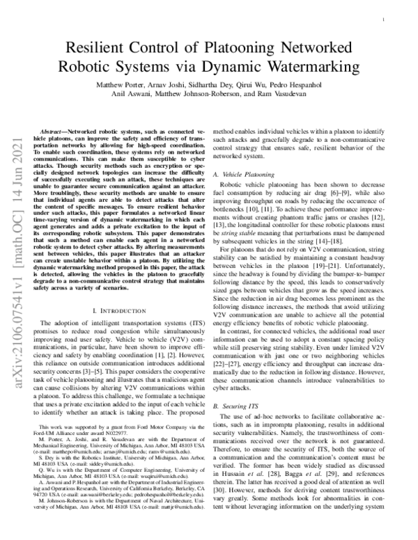 (PDF) Resilient Control of Platooning Networked Robitic Systems via Dynamic Watermarking