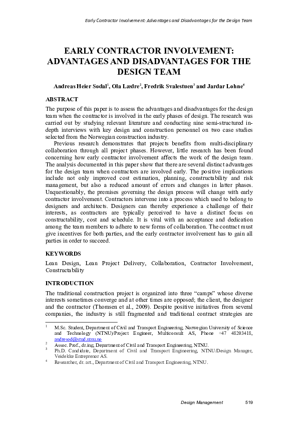 (PDF) Early Contractor Involvement: Advantages and Disadvantages for ...