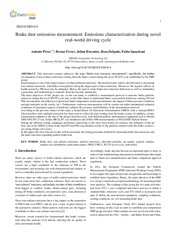 (PDF) EB 2020-EBS-014 Brake dust emissions measurement : Emissions ...