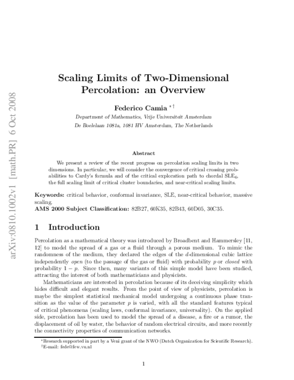 (PDF) Scaling Limits of Two-Dimensional Percolation: an Overview