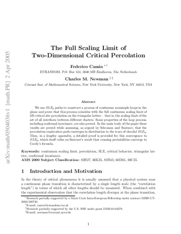 (PDF) The full scaling limit of two-dimensional critical percolation
