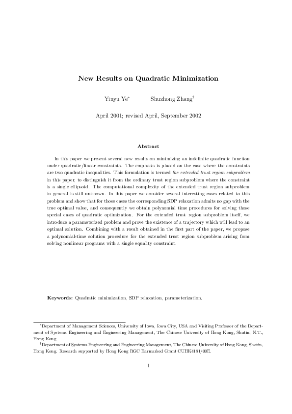 (PDF) New Results on Quadratic Minimization