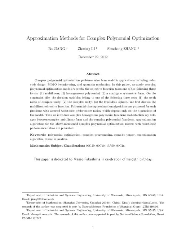 (PDF) Approximation Methods for Complex Polynomial Optimization | Shuzhong Zhang - Academia.edu
