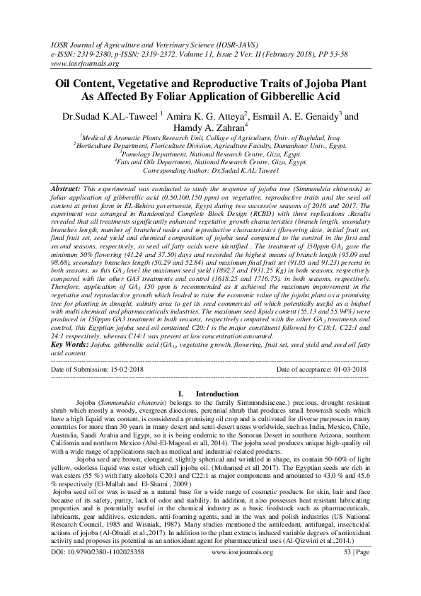 (PDF) Oil Content , Vegetative and Reproductive Traits of Jojoba Plant ...