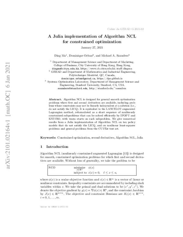 (PDF) A Julia implementation of Algorithm NCL for constrained optimization