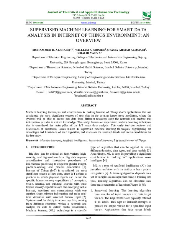Pdf Supervised Machine Learning For Smart Data Analysis In Internet