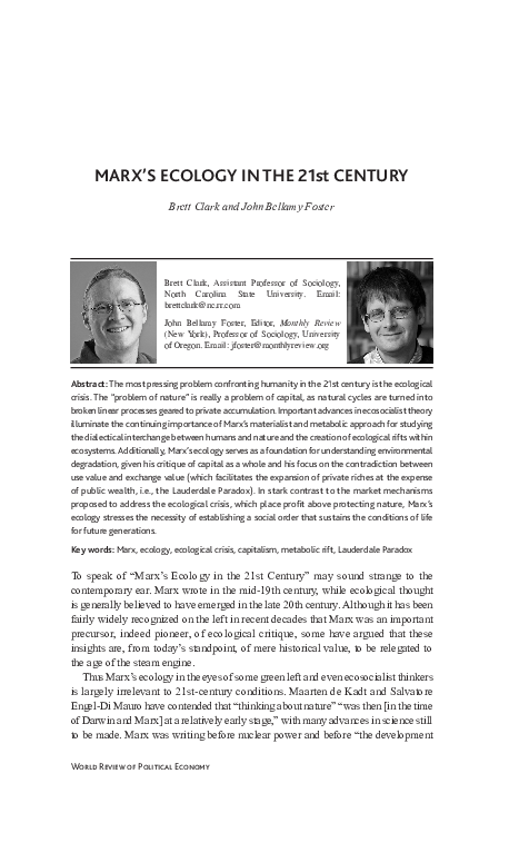 (PDF) MARX ’ S ECOLOGY IN THE 21 st CENTURY | John Foster - Academia.edu