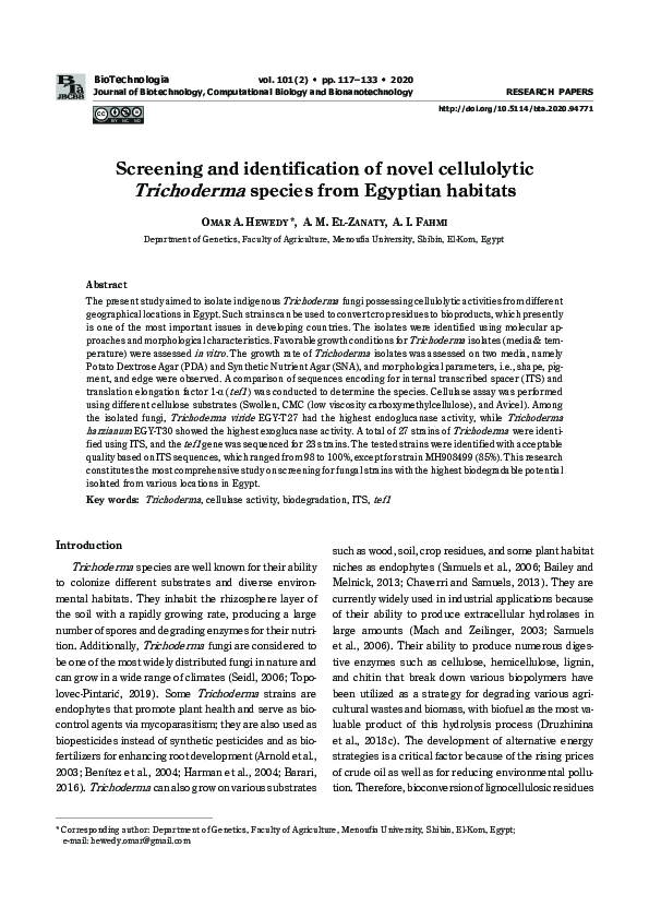 (PDF) Screening and identification of novel cellulolytic Trichoderma ...