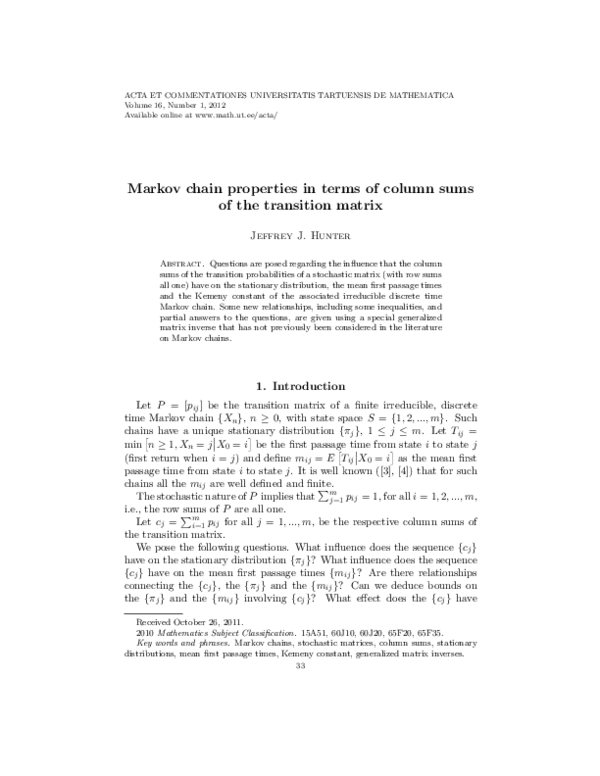 (PDF) Influence of Column Sums on Markov Chains