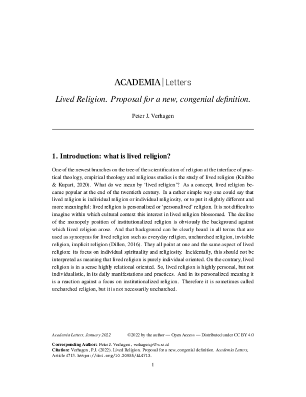 (PDF) Lived Religion. Proposal for a new, congenial definition.
