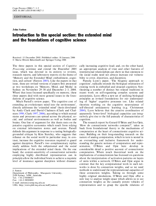 (PDF) Introduction to the special section: the extended mind and the ...