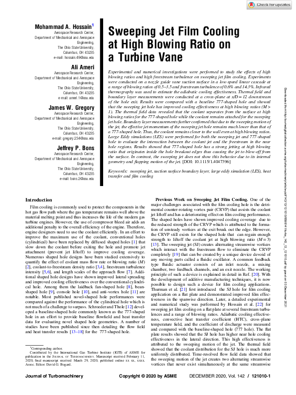 (PDF) Sweeping Jet Film Cooling at High Blowing Ratio on a Turbine Vane