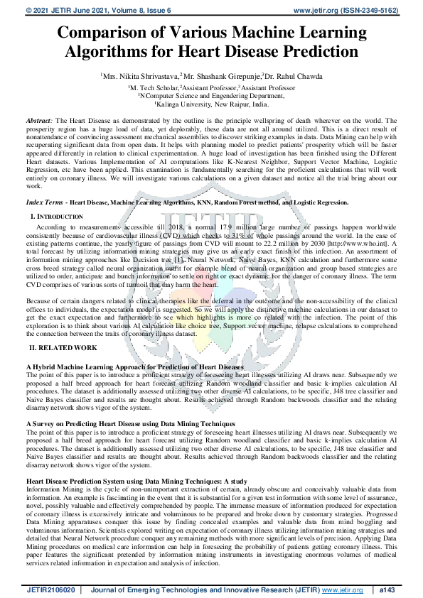 (PDF) Comparison of Various Machine Learning Algorithms for Heart ...