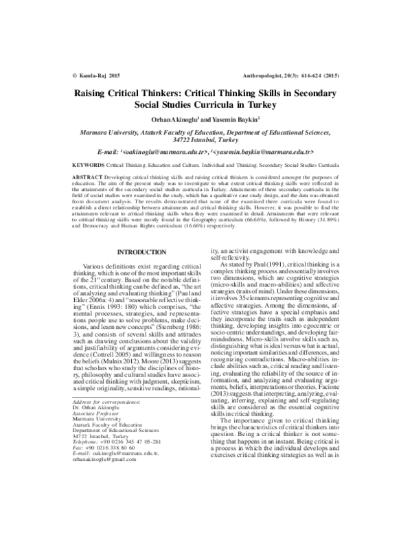 (PDF) Raising Critical Thinkers: Critical Thinking Skills in Secondary ...