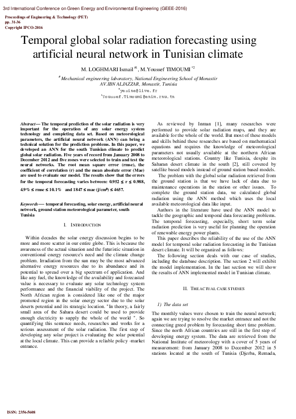 Pdf Temporal Global Solar Radiation Forecasting Using Artificial