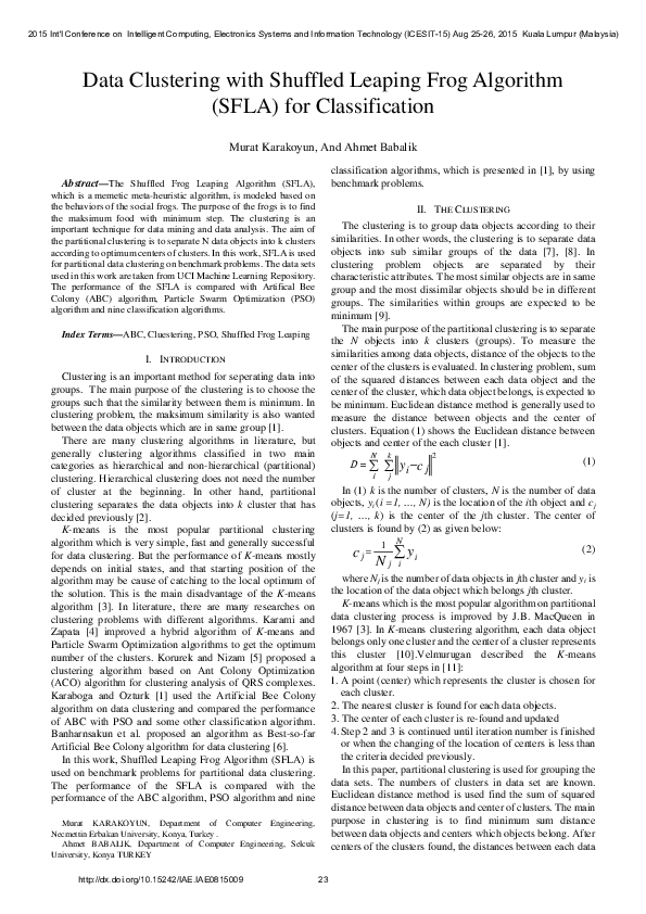 Pdf Data Clustering With Shuffled Leaping Frog Algorithm Sfla For Classification Murat 