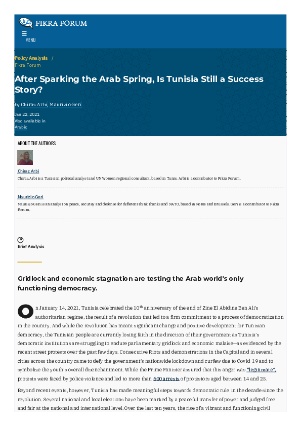 (PDF) After Sparking the Arab Spring, Is Tunisia Still a Success Story ...