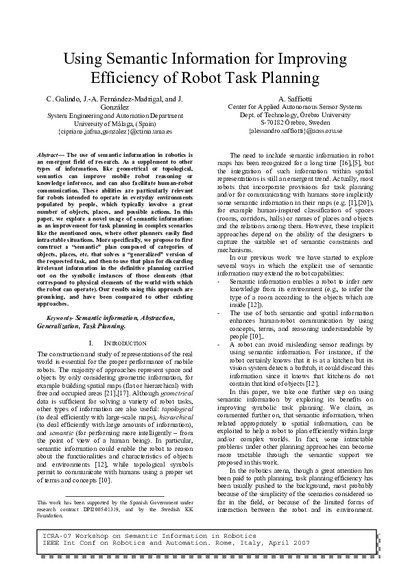 (PDF) Using semantic information for improving efficiency of robot task planning