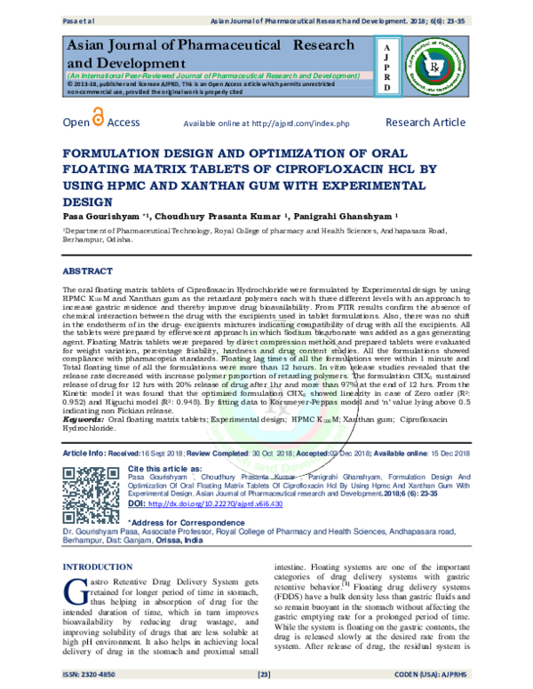(PDF) Formulation Design and Optimization of Oral Floating Matrix Tablets of Ciprofloxacin HCL ...